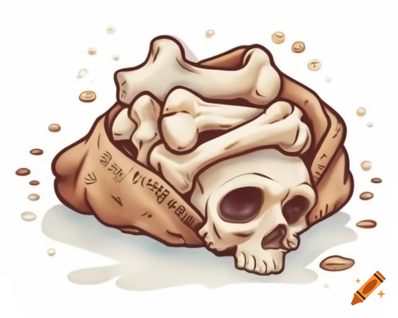 Eerie glowing sack of old bones in watercolor shades, storybook style ...