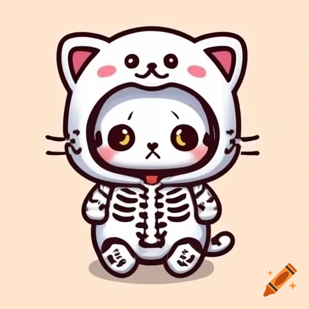 Cute chubby baby skeleton kitty in whimsical costume, anime chibi style ...