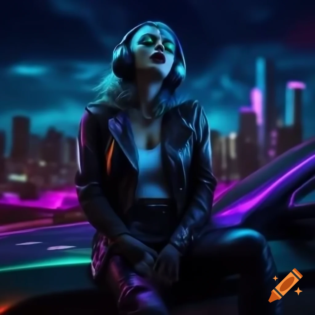 Rebel neon in synthetic leather jacket with urban neon background ...