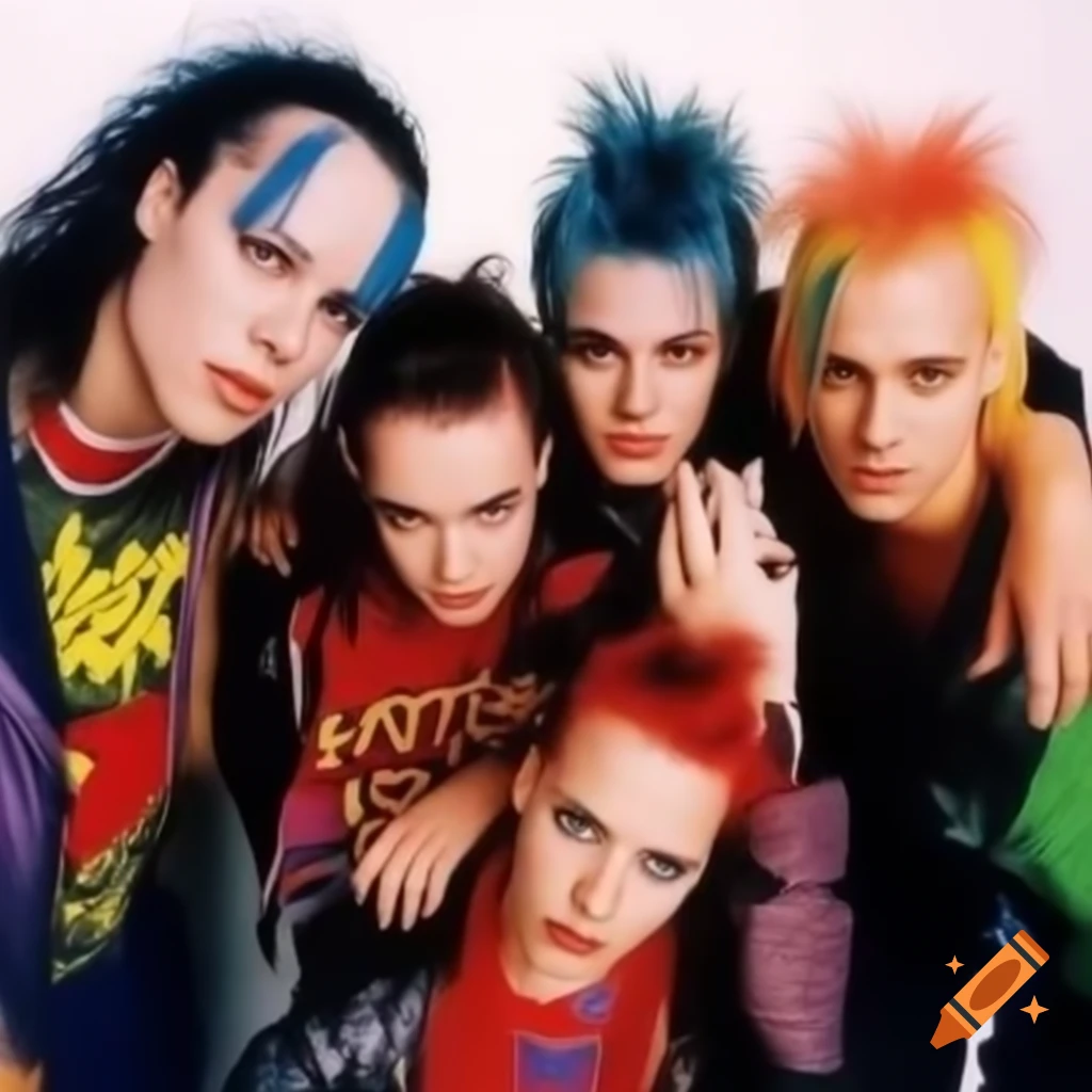 Nu Metal band members in vibrant sportswear with colorful hairstyles ...