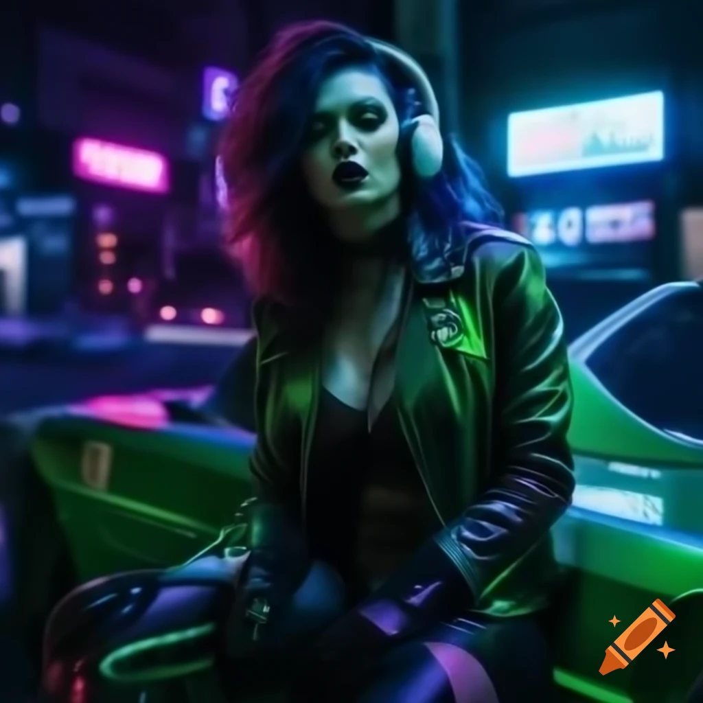 Rebel neon in synthetic leather jacket with urban neon background ...