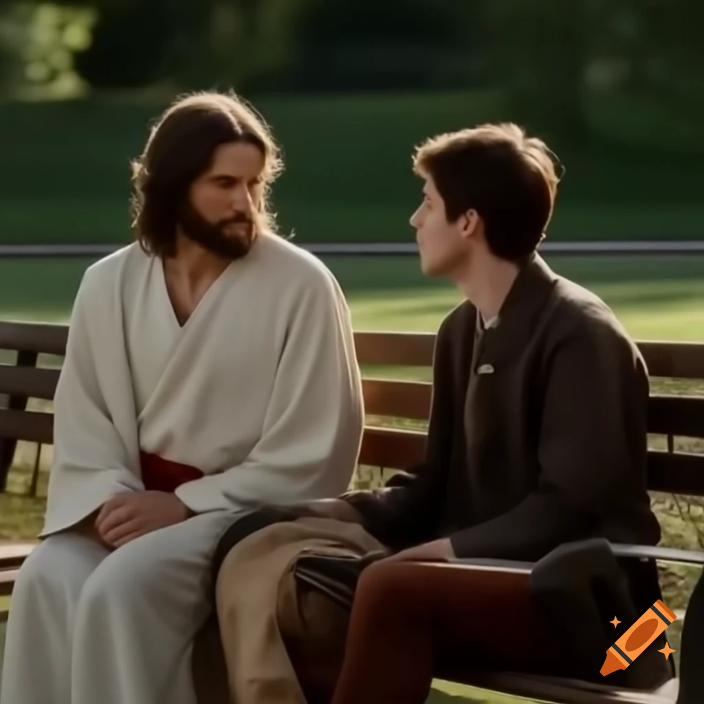 Jesus conversing with a young man on a park bench on Craiyon