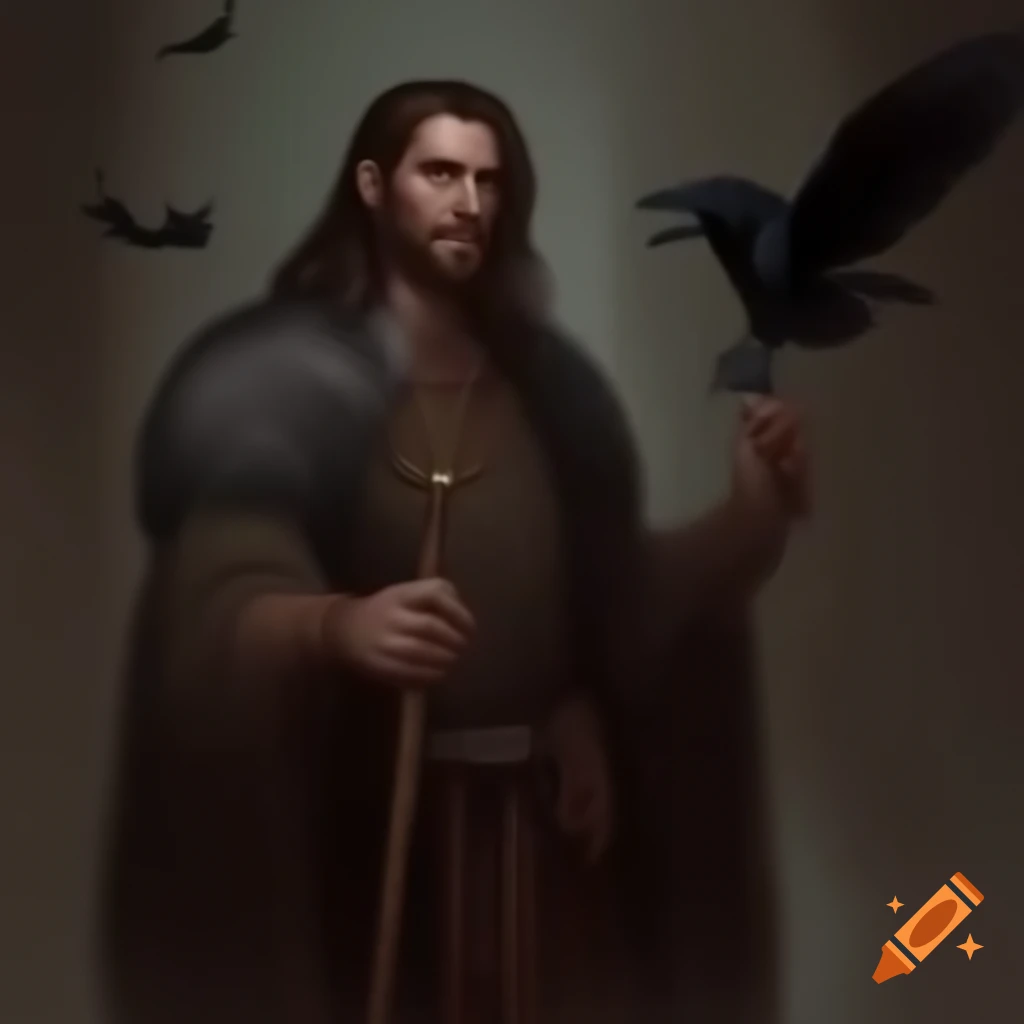 Male lorekeeper in fur robes with staff and crow on arm, medieval ...