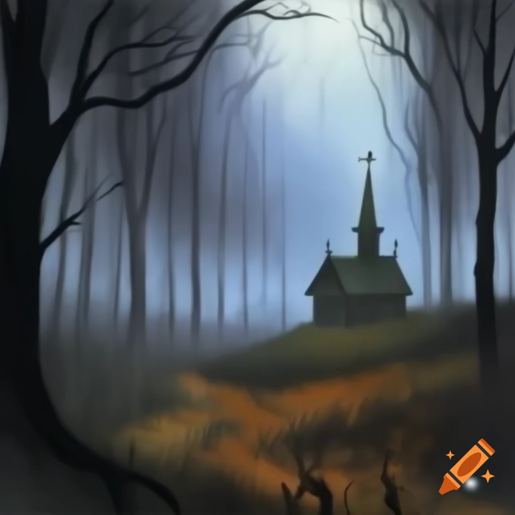 Spooky autumn forest with misty meadow and Swedish church on a hill ...
