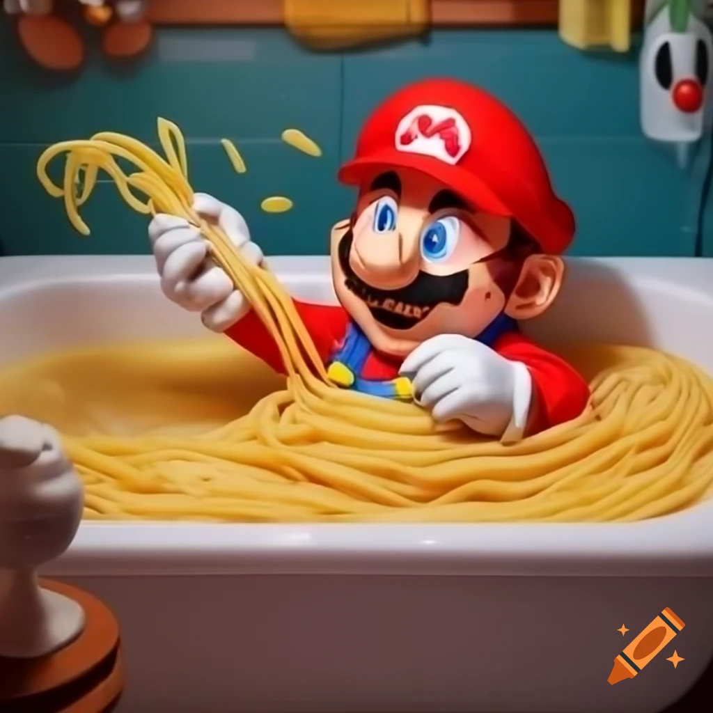 Mario enjoying spaghetti in a large tub of pasta on Craiyon