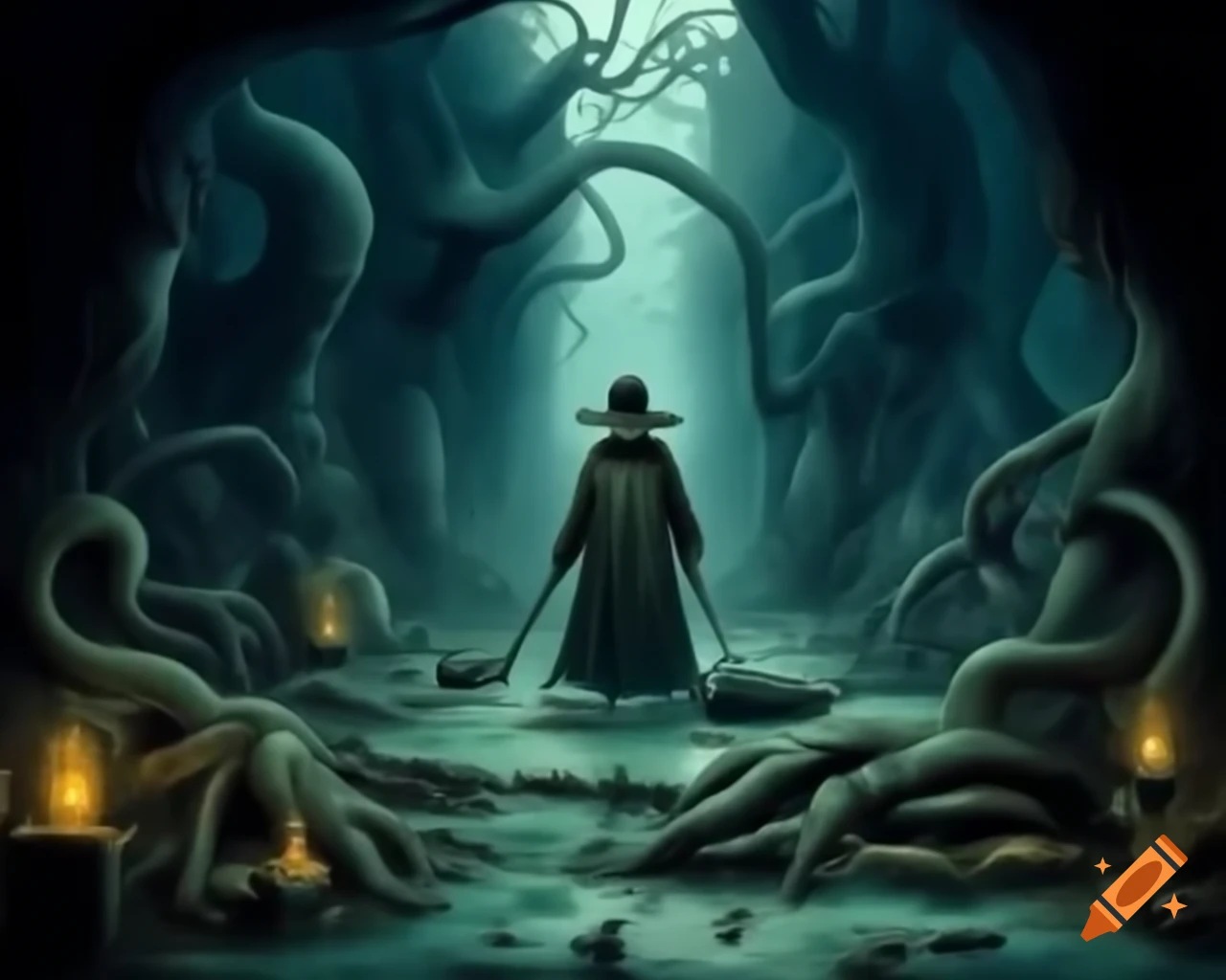 Surreal illustration in tim burton style with creepy elements on Craiyon