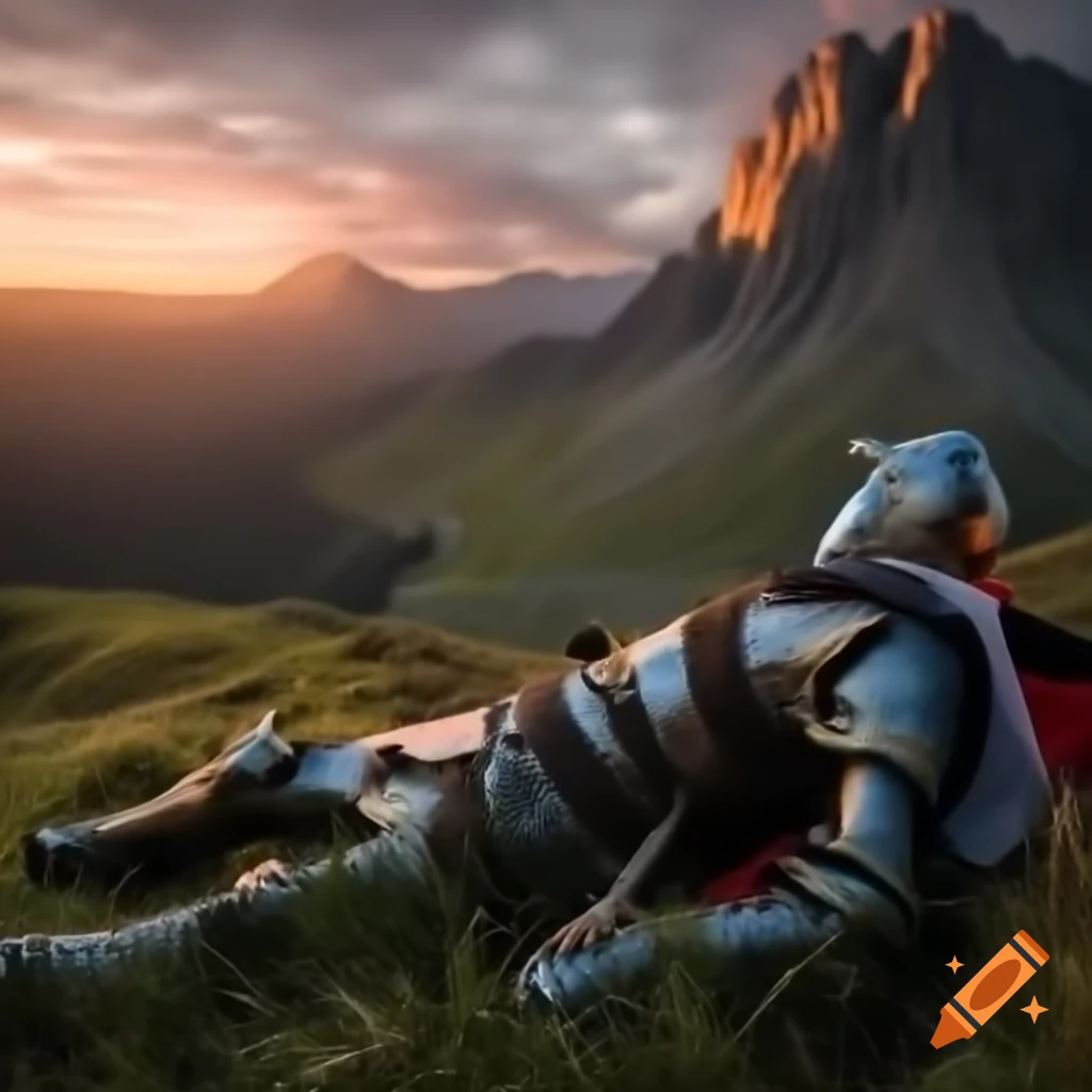 Knight relaxing on grass in mountains, gazing at sunset on Craiyon