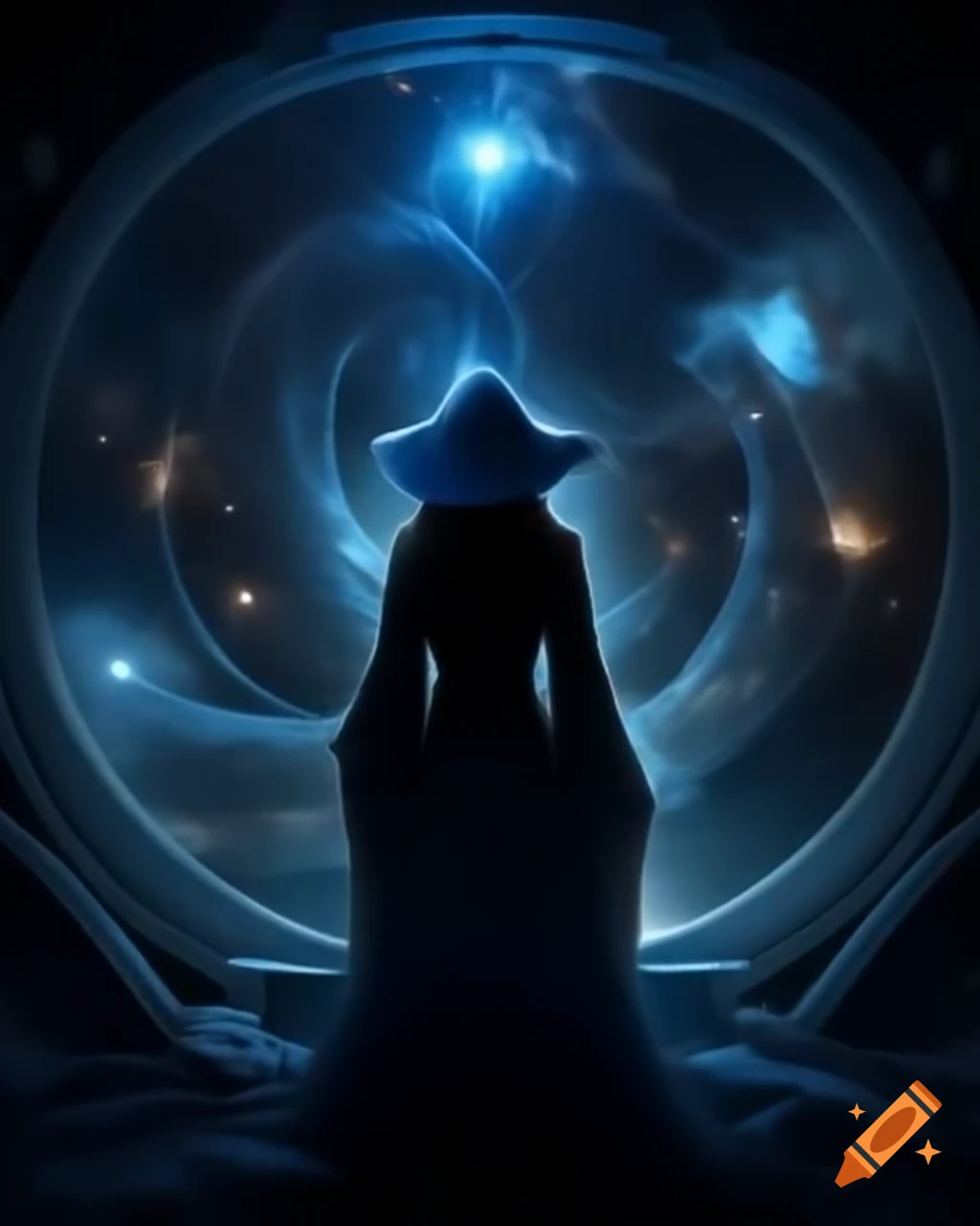 Woman wizard observing magic in space on Craiyon