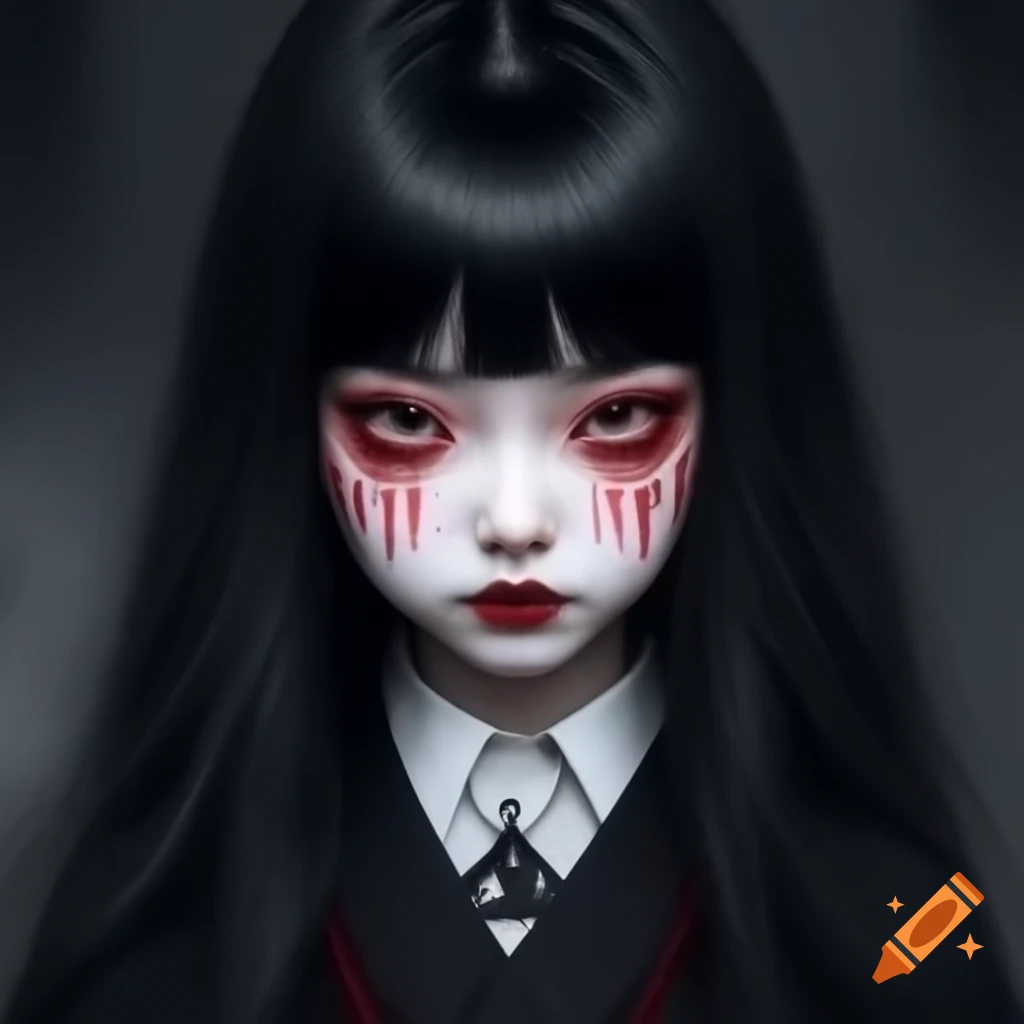 Gothic girl with black hair and white makeup featuring black tears on Craiyon