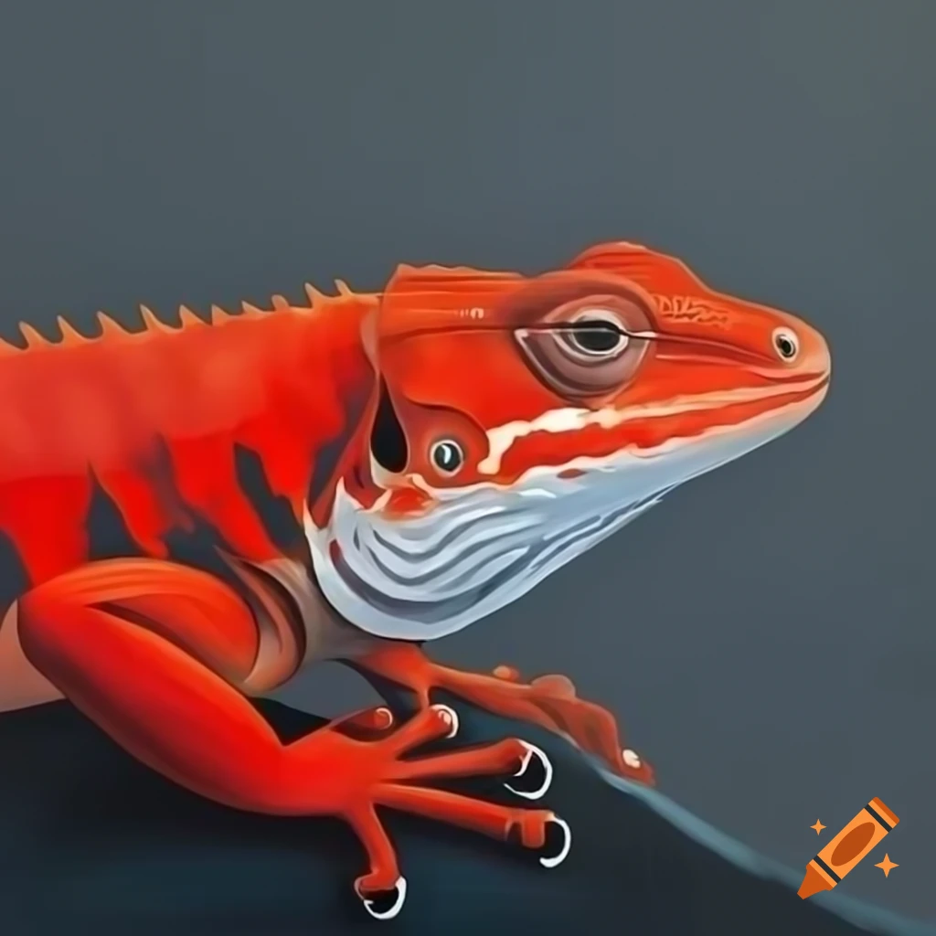 Vivid red and white lizard character on grey background, oil on canvas ...
