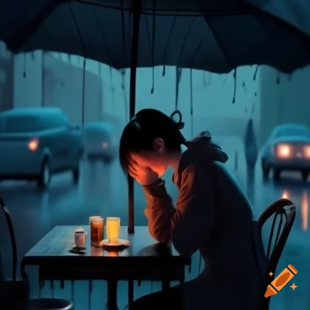 Person crying outside café in the rain while drinking coffee with ...