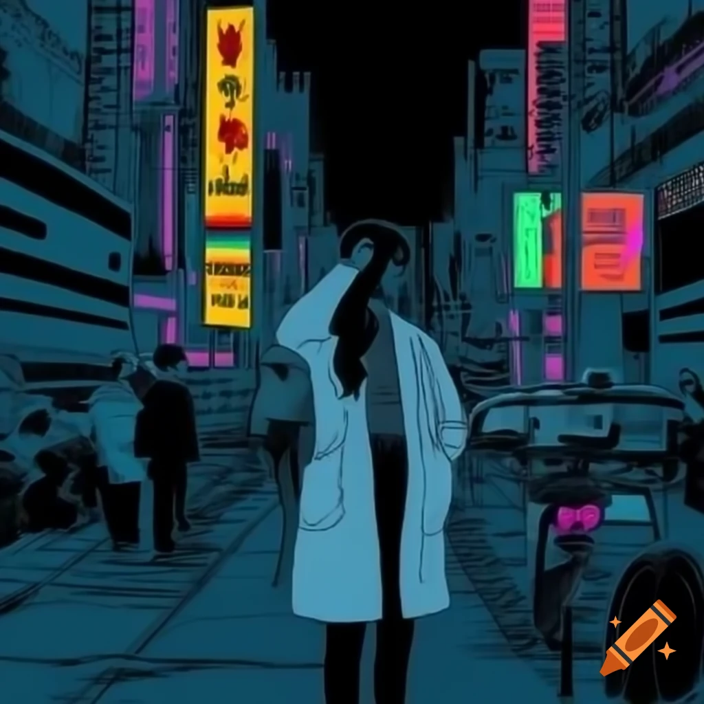 Manga-style drawing of tired filipino woman in lab coat on busy new ...