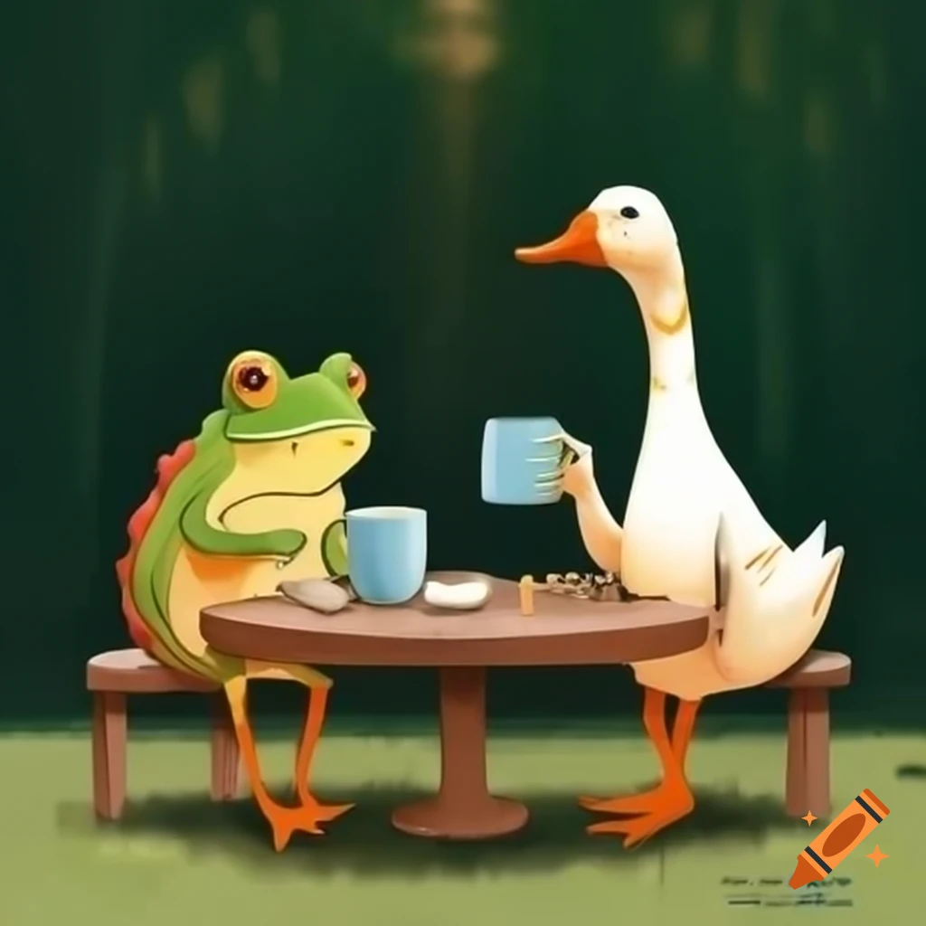 Toad and goose seated at table drinking coffee from mugs on Craiyon