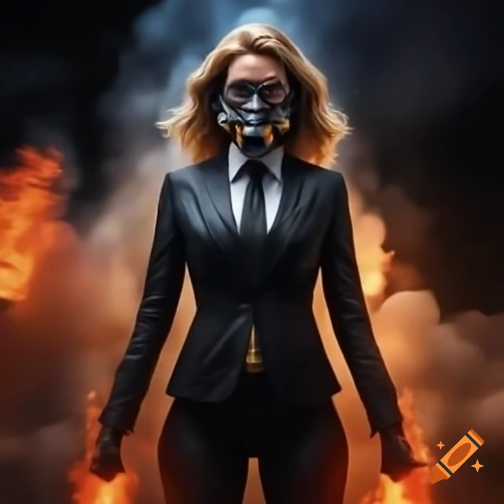 Female superhero in tuxedo and gas mask with toxic smoke and flames on ...