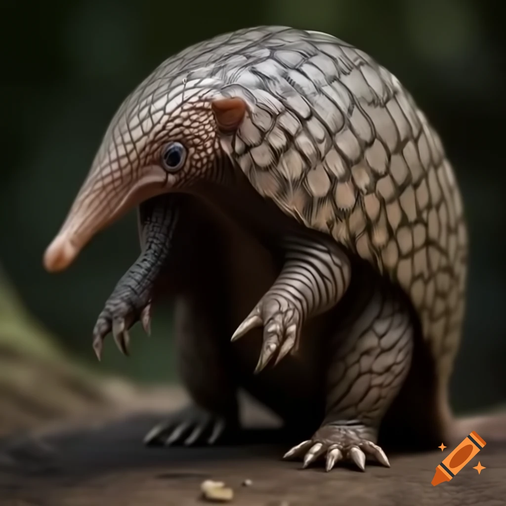 Realistic creature hybrid of pangolin, armadillo, and mole with small beady eyes and long claws ...