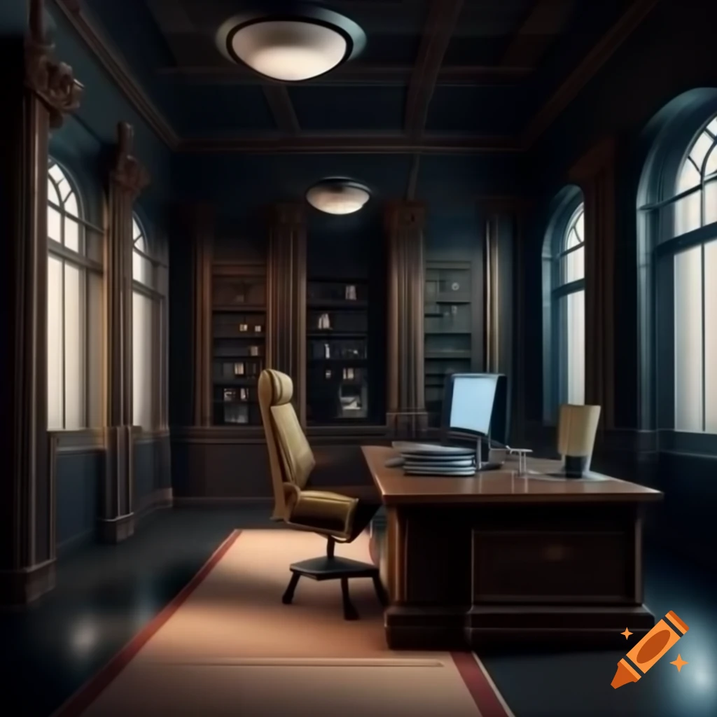 Regal bank back office with dark hallways and tan carpeting at night on ...