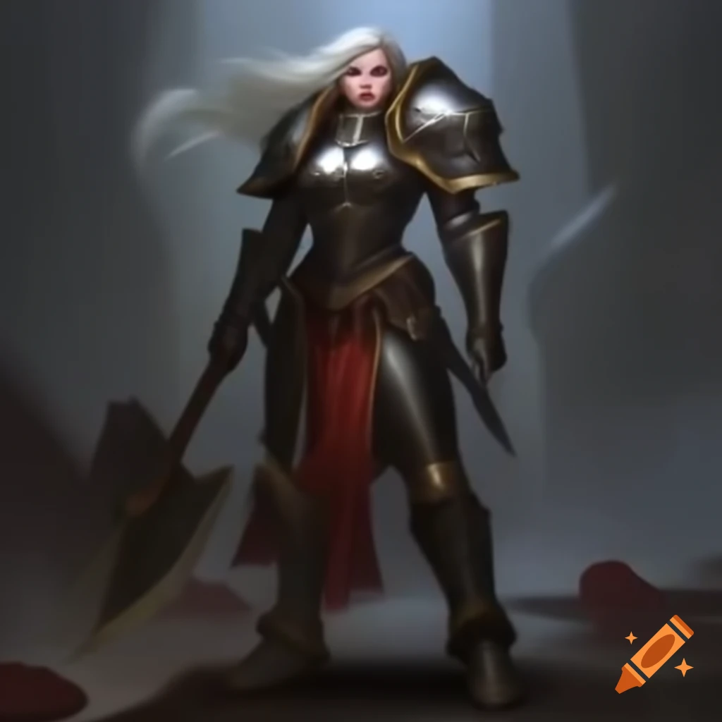 Androgynous knight in oversized metallic armor, standing tall and proud ...