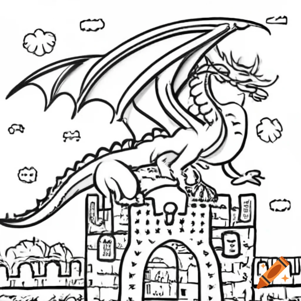 Castle With Dragon Coloring Page