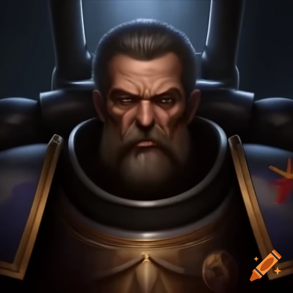 Imperial commander with weathered face and silver etched armor gazing ...