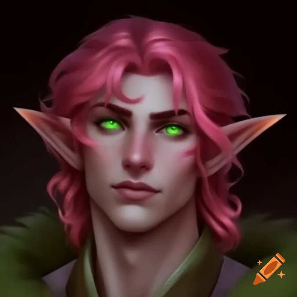 Male half-elf with deep green eyes, pink fluffy hair, and green scales ...