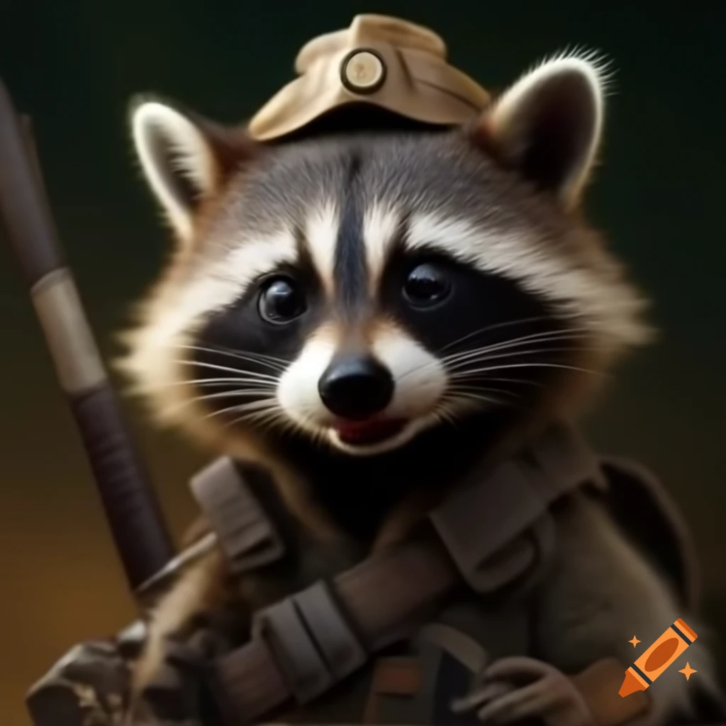 Mischievous raccoon in war helmet striking playful pose on Craiyon