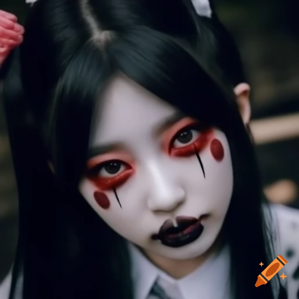 Japanese idol girl in gothic attire with white face makeup and Japanese ouija board on Craiyon