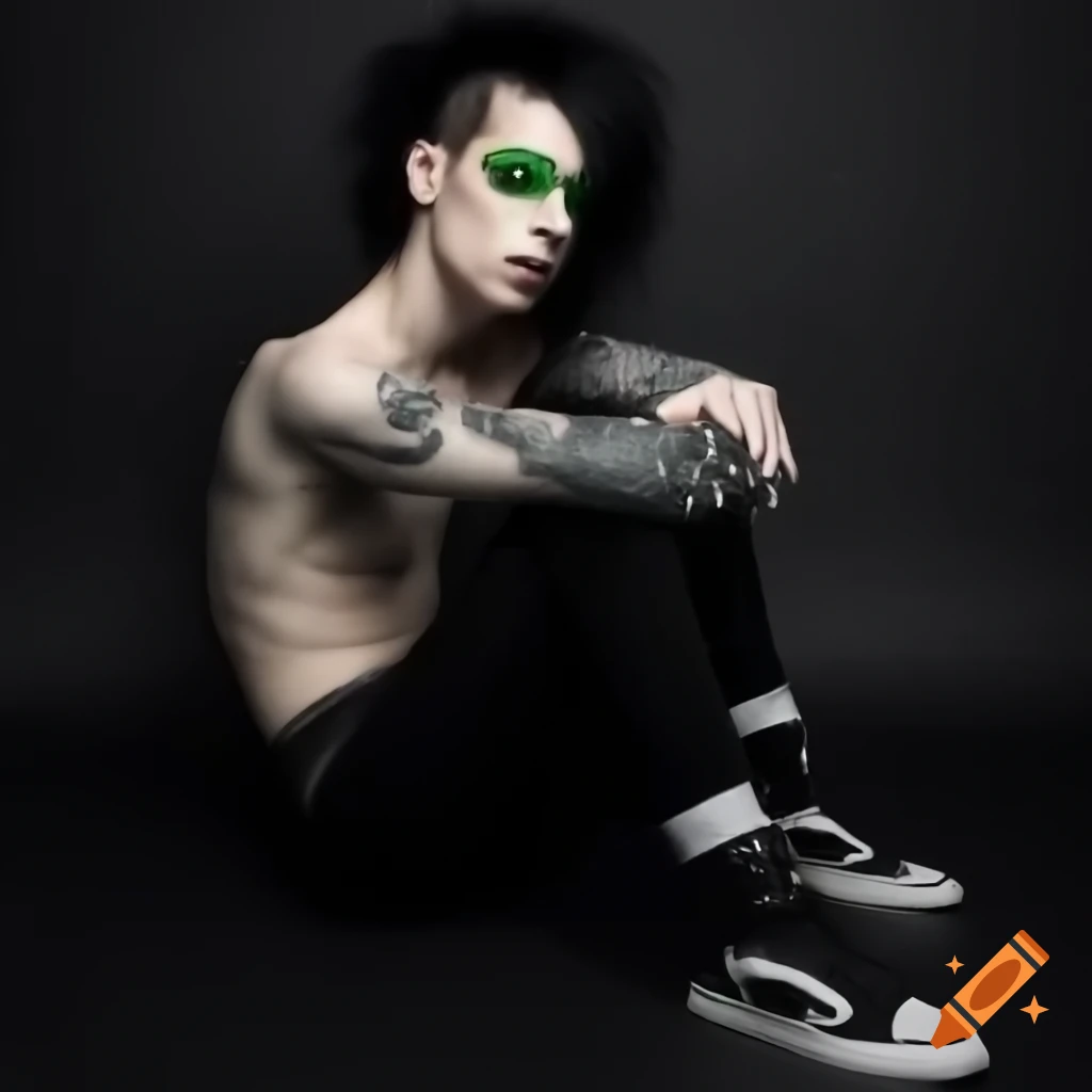 Emo man with green eyes and tattoos sitting on stool, androgynous ...