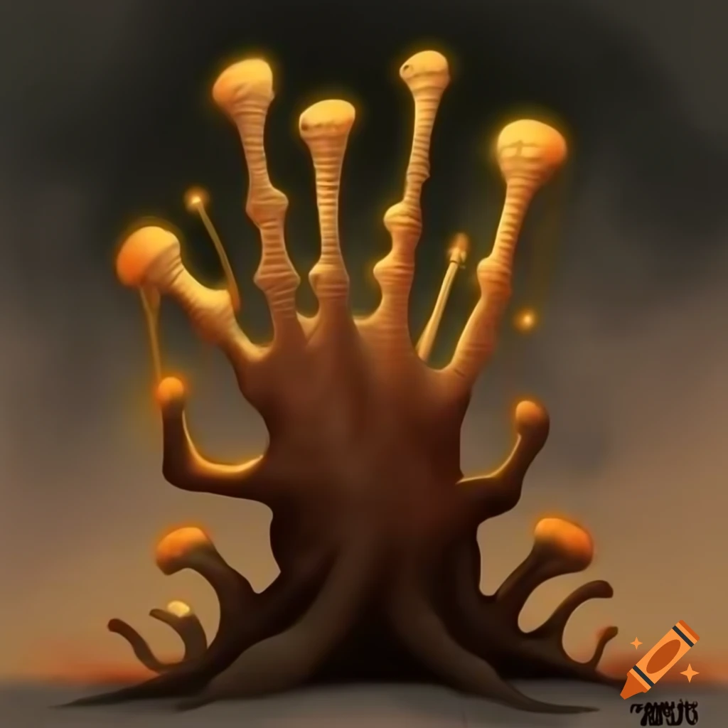 Eerie glowing palm tree made of bones in watercolor shades, storybook ...