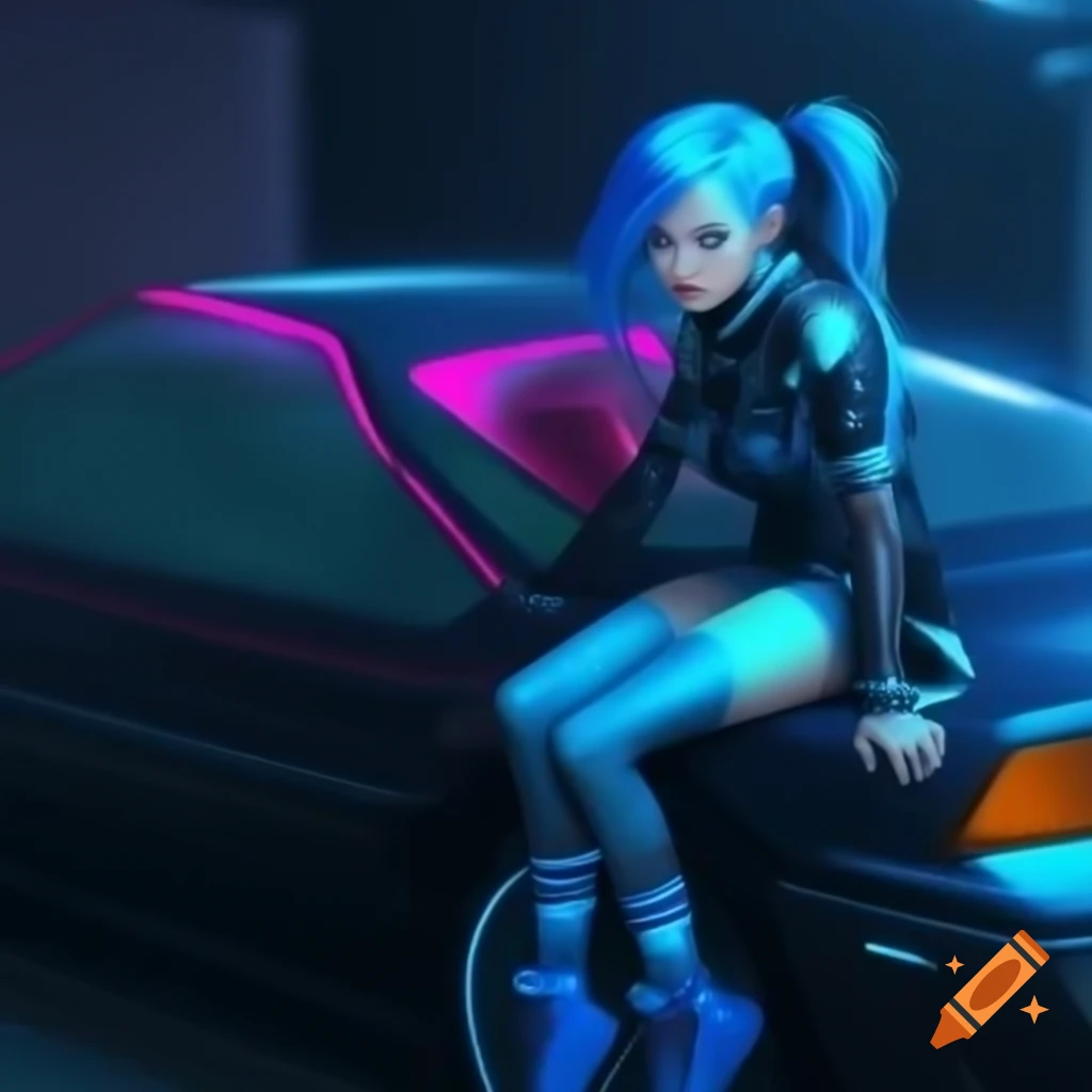 Blue-haired cyberpunk girl with ponytail leaning against cyber car on ...