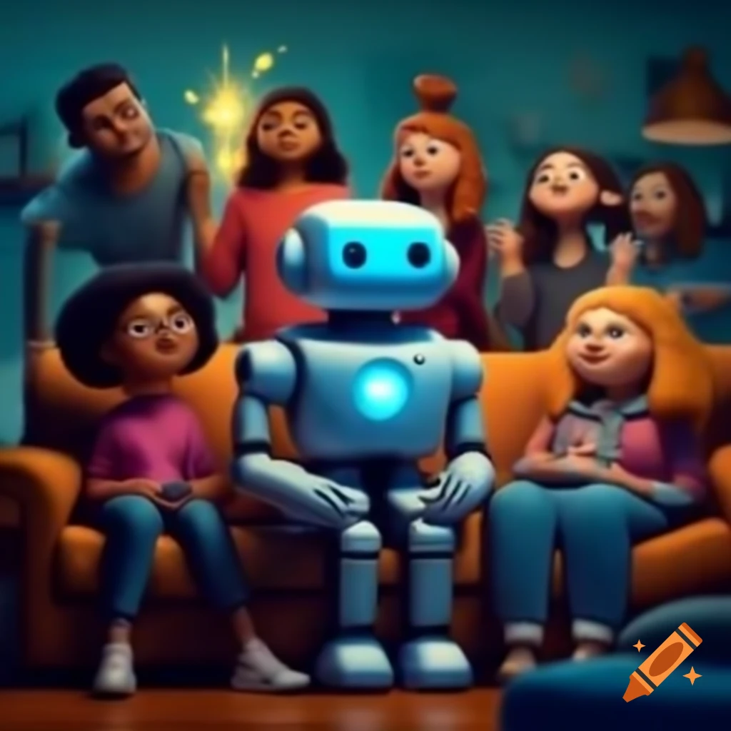 Diverse group of friends and humanoid robot discussing Artificial ...