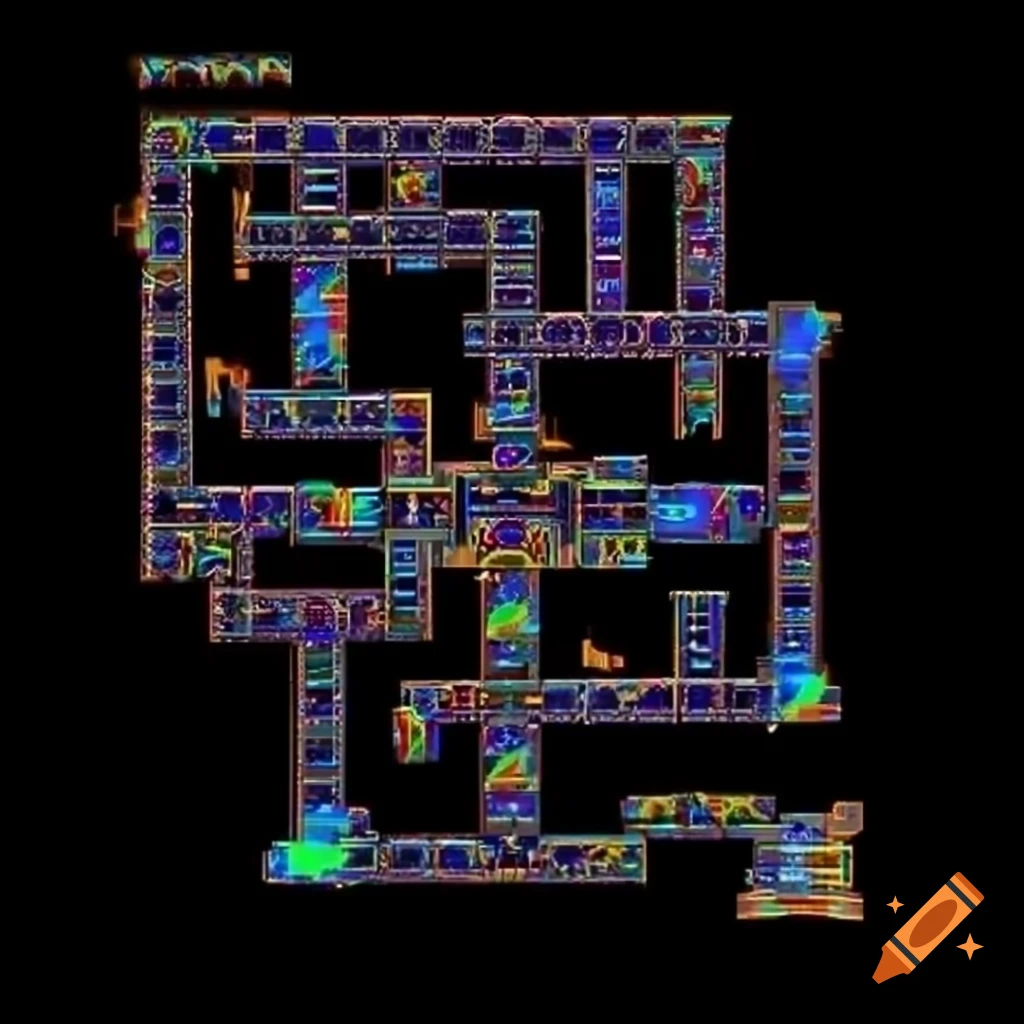 Detailed grid map of a dream wizardry dungeon in 90s pixel art style on ...