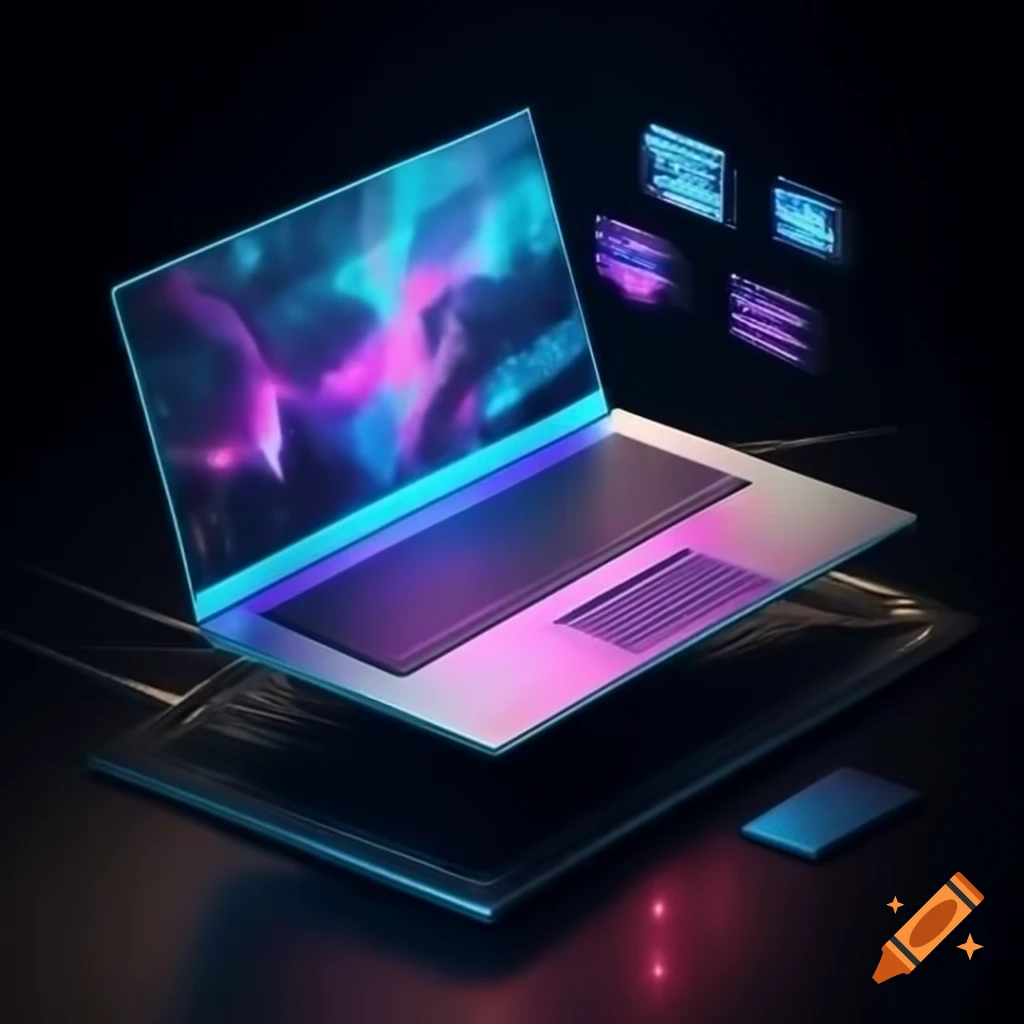 Futuristic laptop with holographic display projecting 3d graphics on ...