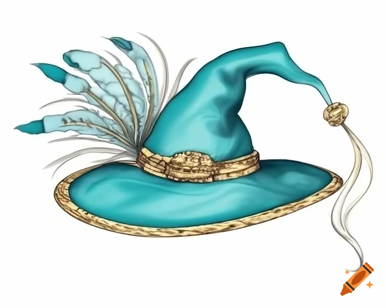 Exquisite ladies’ dress hat with long feathers in cyan, white, and gold ...