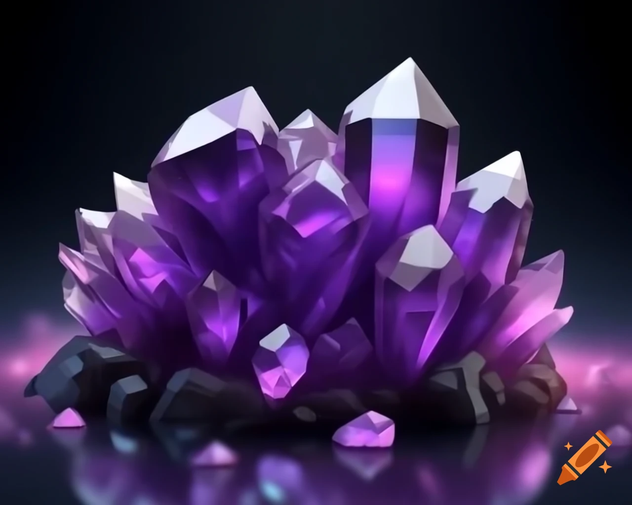 Close-up of glowing amethyst crystal cluster in cartoon style on Craiyon