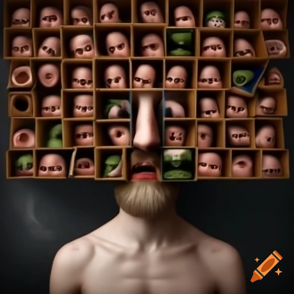 Square-shaped human head with mustache and beard, smoking a wooden pipe ...