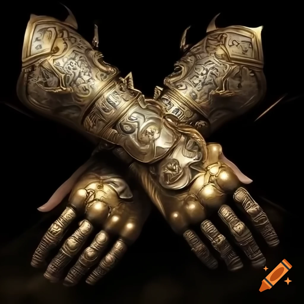 Ornate gauntlets with ancient symbols glowing in fading light on Craiyon