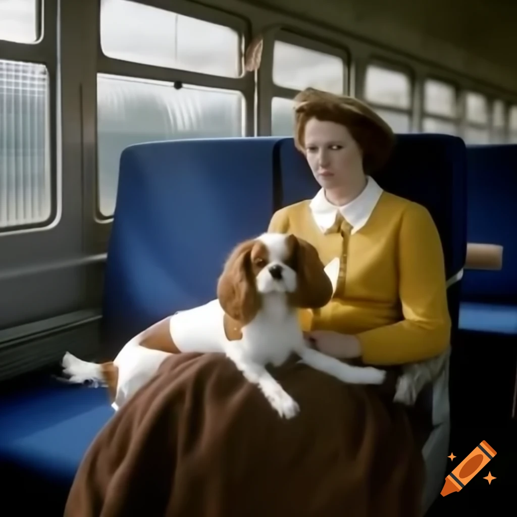 Cavalier spaniel with danish lady inside a train on Craiyon