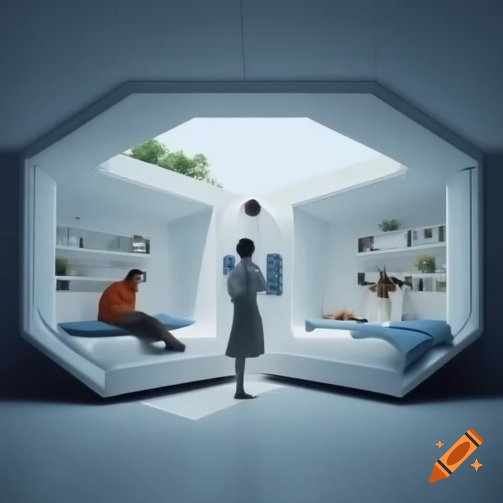 Futuristic labyrinth of hexagonal rooms with people working inside on ...