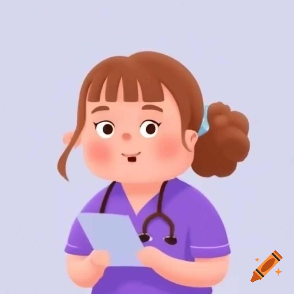 Character design of jenny in purple scrub holding clipboard, short ...