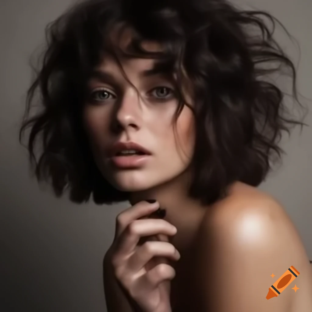 Brunette Finnish woman with short curly hair and big brown eyes on Craiyon