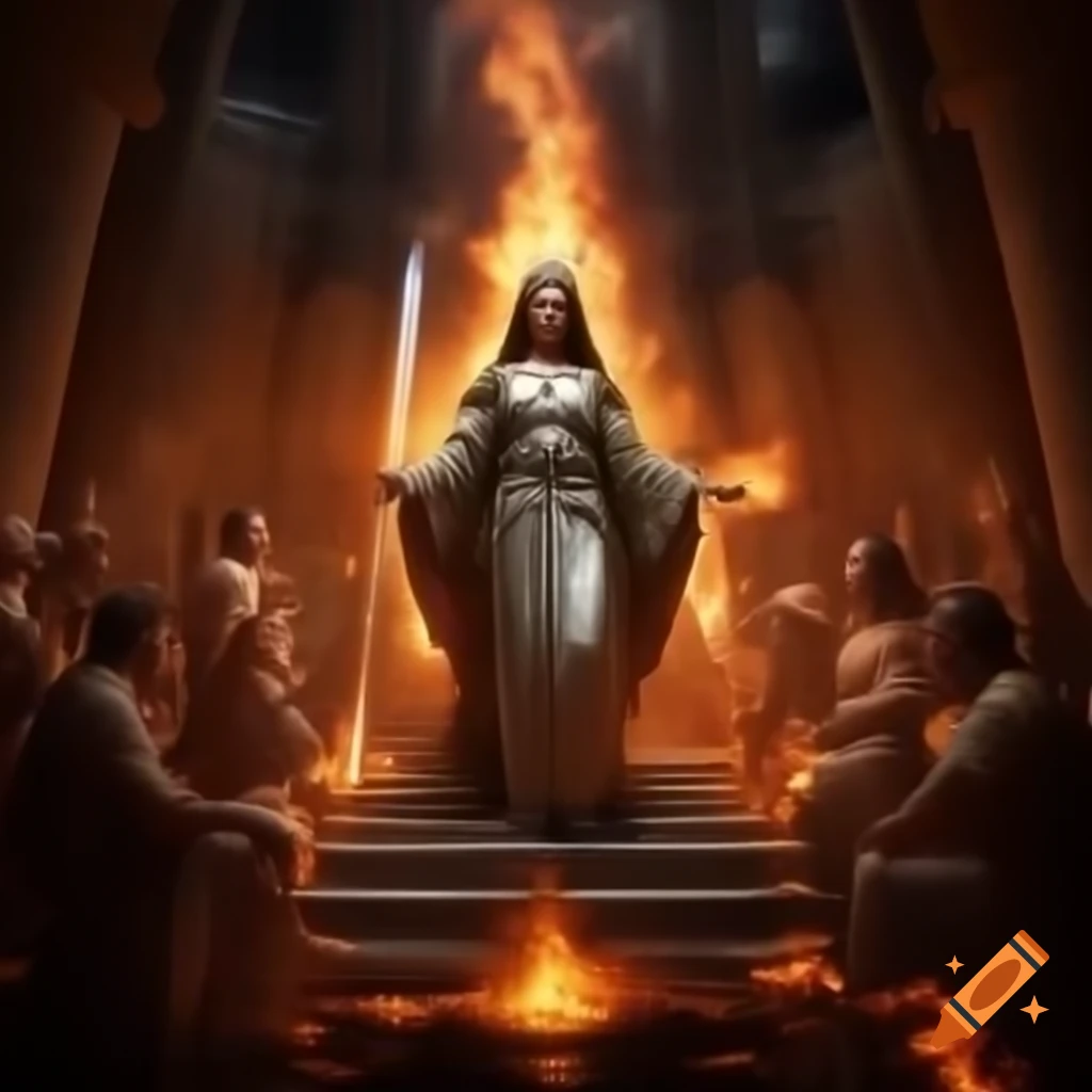 Dido, Queen of Carthage, on blazing pyre in castle courtyard, dramatic ...