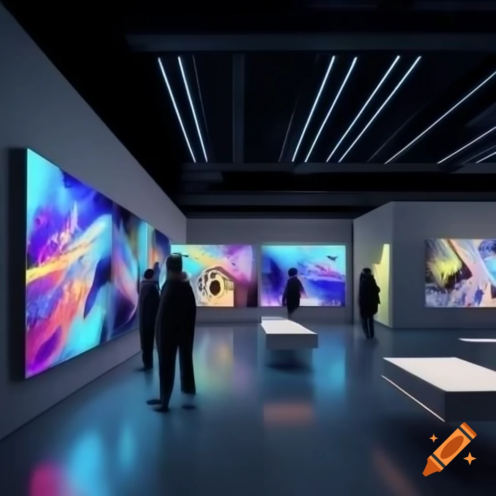 Modern digital art store with hologram paintings and vibrant shifting ...