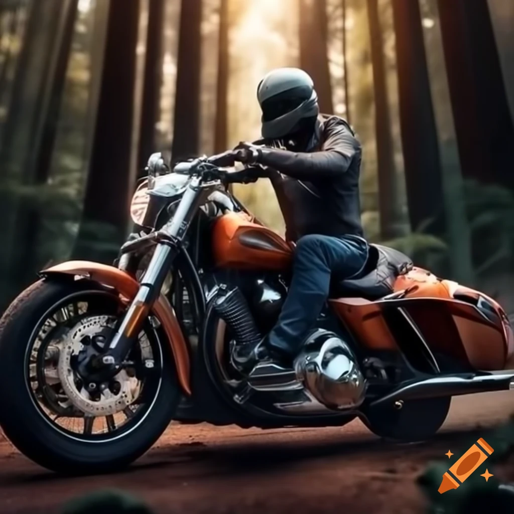 Man riding harley davidson motorcycle in forest on Craiyon