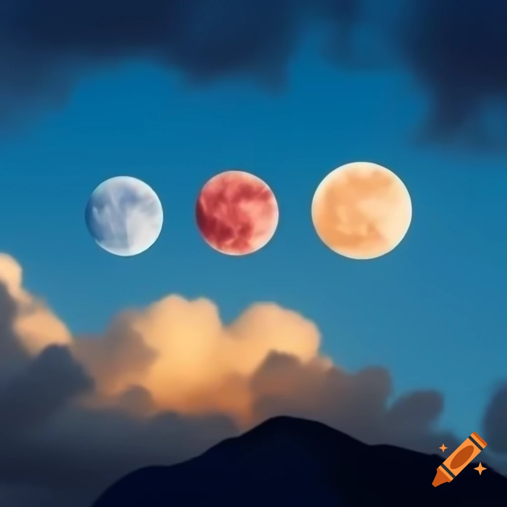 Sky with red, blue, and yellow moons shining on mountain top surrounded ...