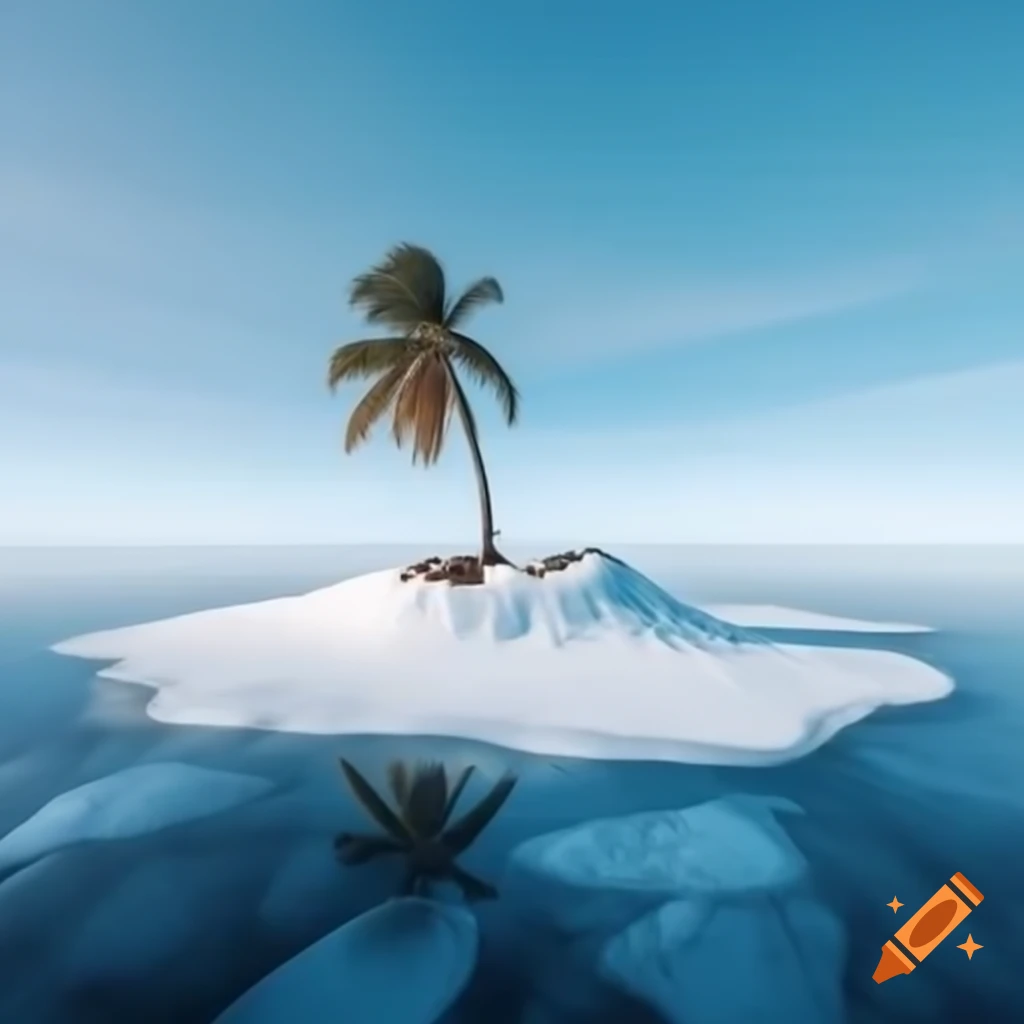 Snowy deserted island with palm tree in frozen ocean on Craiyon
