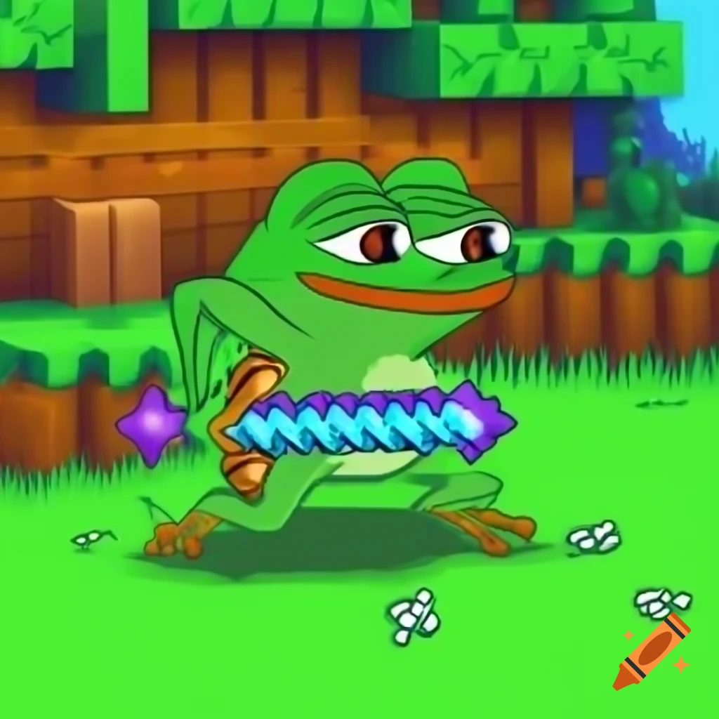 Pepe the Frog playing Minecraft with Craiyon and a diamond sword on Craiyon