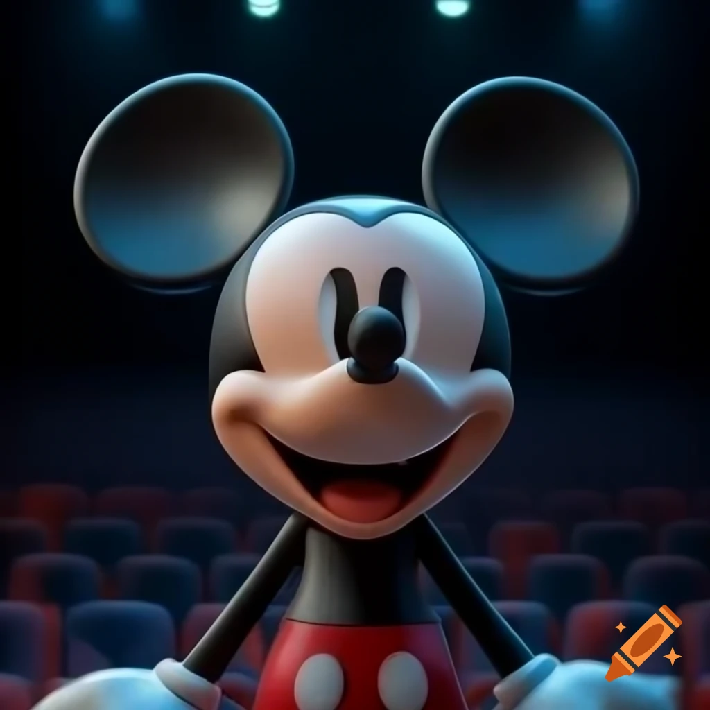 Cgi 3d-animated mickey mouse in a live-action theater on Craiyon
