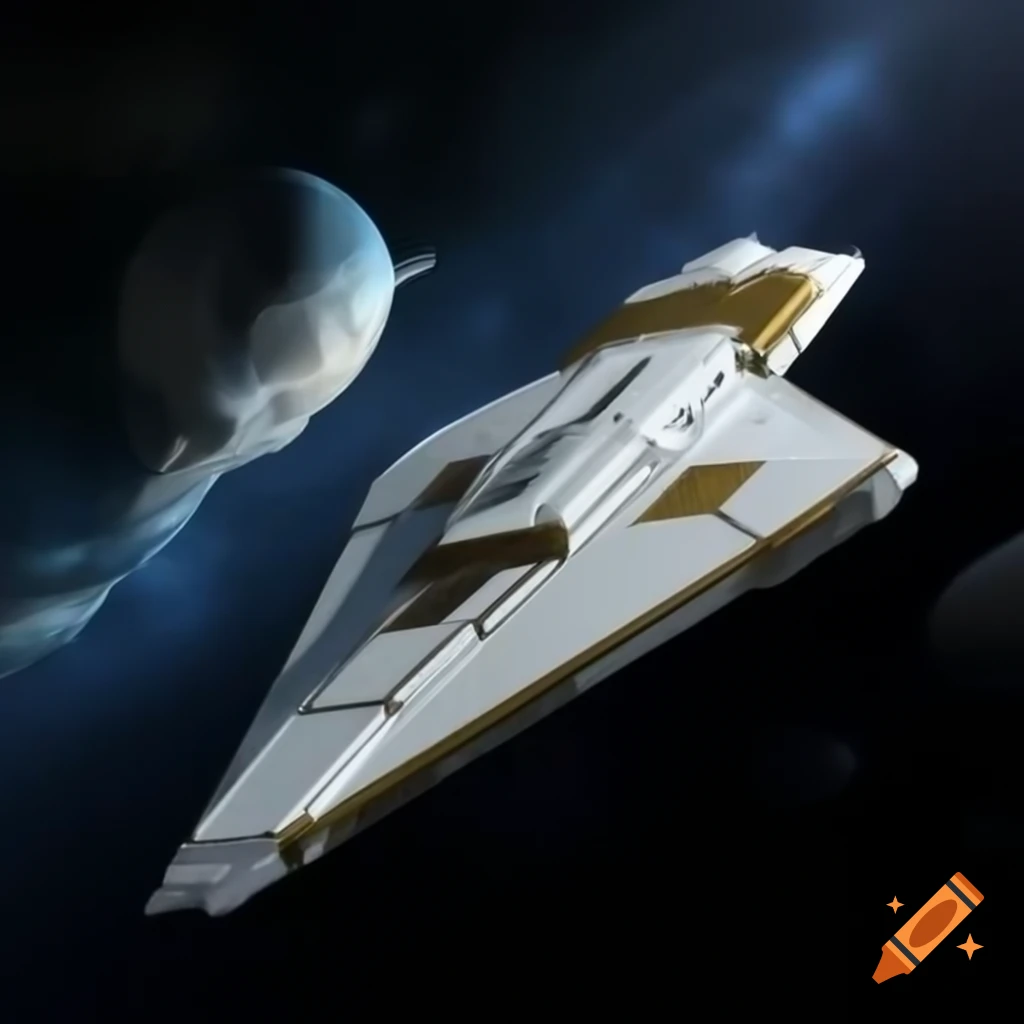 Sleek white and gold triangular spaceship in space on Craiyon