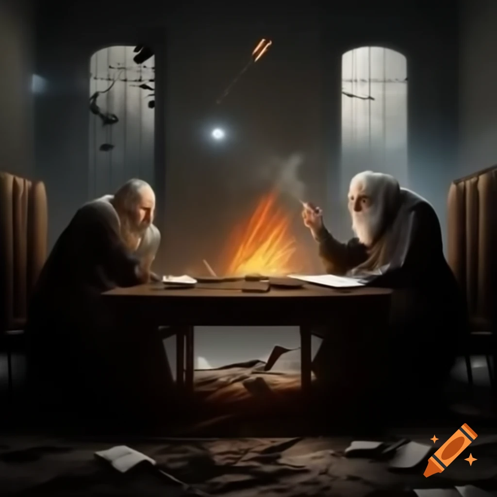 Two modern philosophers in intense argument at a table, showcasing ...