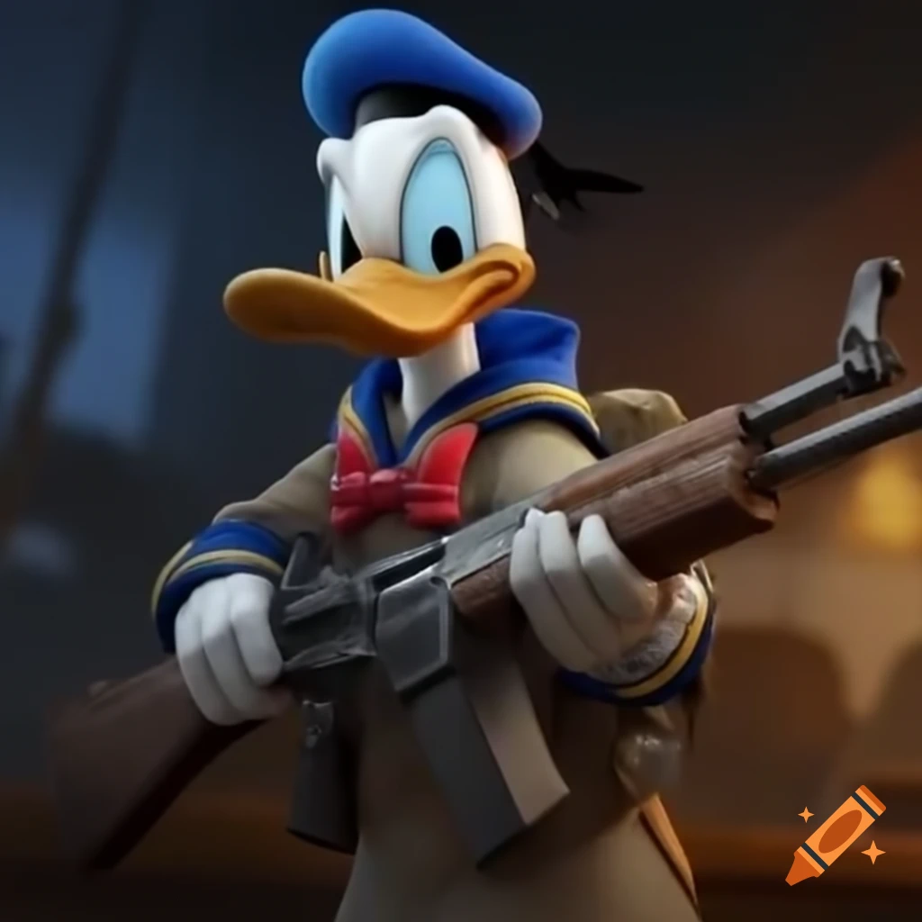 Donald duck in soldier's uniform with m4 rifle, ready for action on Craiyon